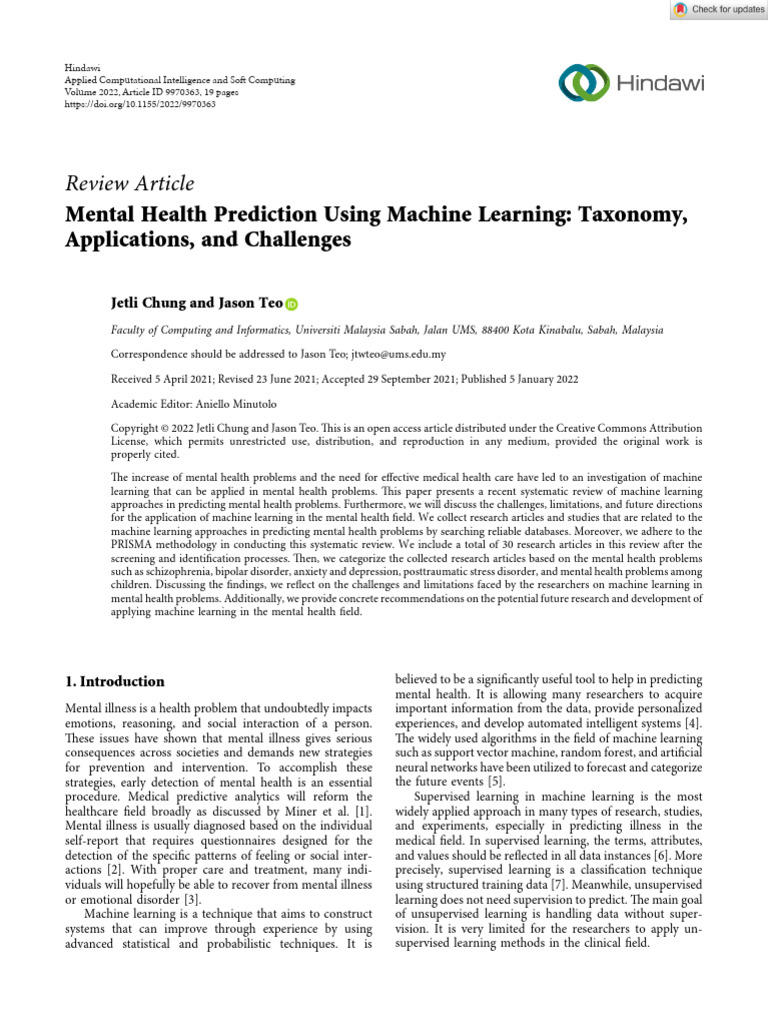 Applied Computational Intelligence and Soft Computing - 2022 - Chung - Mental Health Prediction ...
