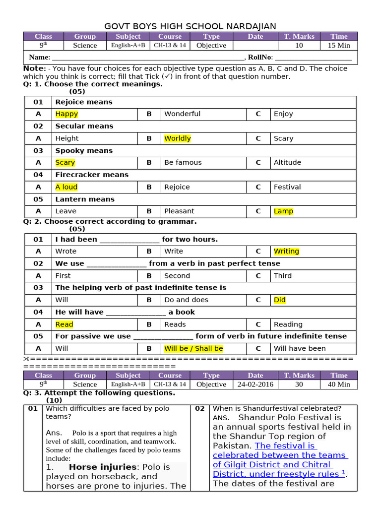 Test English-A+B Class 9th (24-02-2017) | PDF