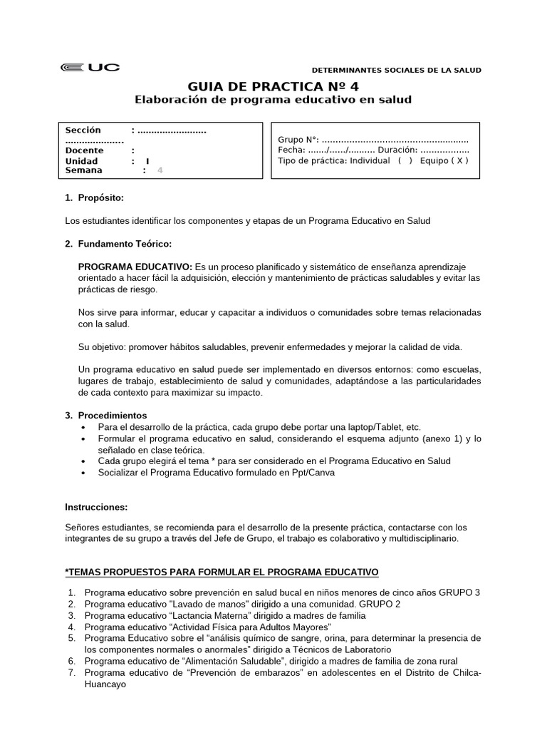 GUIA DE PRACTICA 4- ELAB PROGRAMA EDUCATIVO EN SALUD | PDF