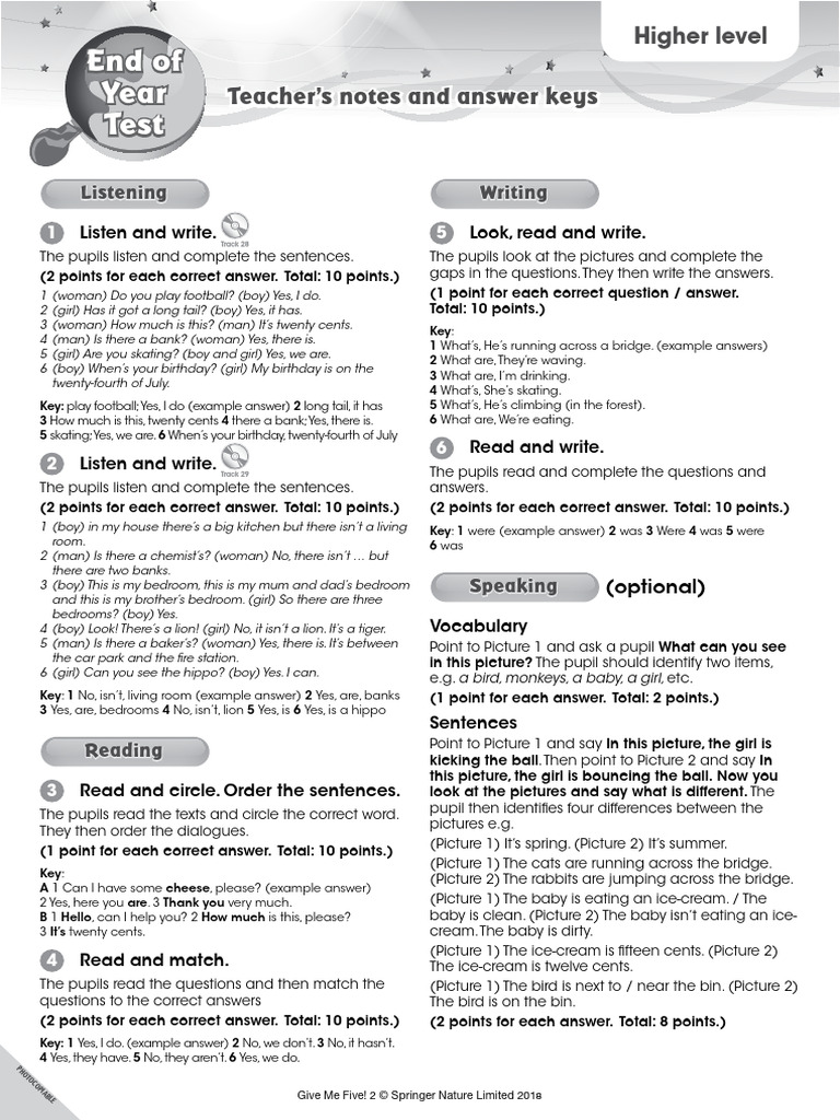 GMF L2 End of Year Higher Level Test Answer Key | PDF