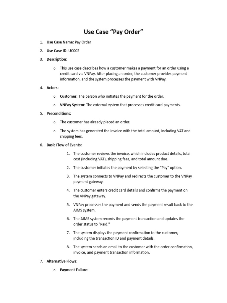 Use case specification - Pay Order | PDF | Invoice | Credit Card