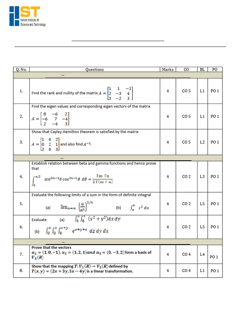 MST 1 Maths-1 (19-20) I-Sem | PDF