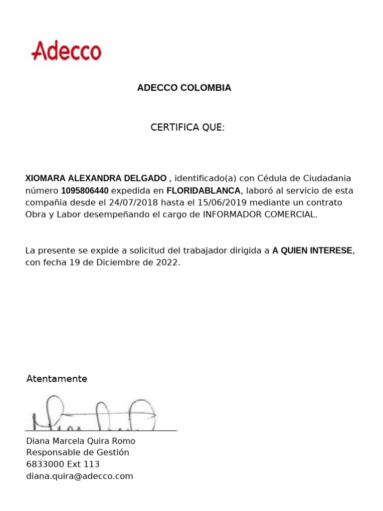 Cert Laboral Adecco | PDF