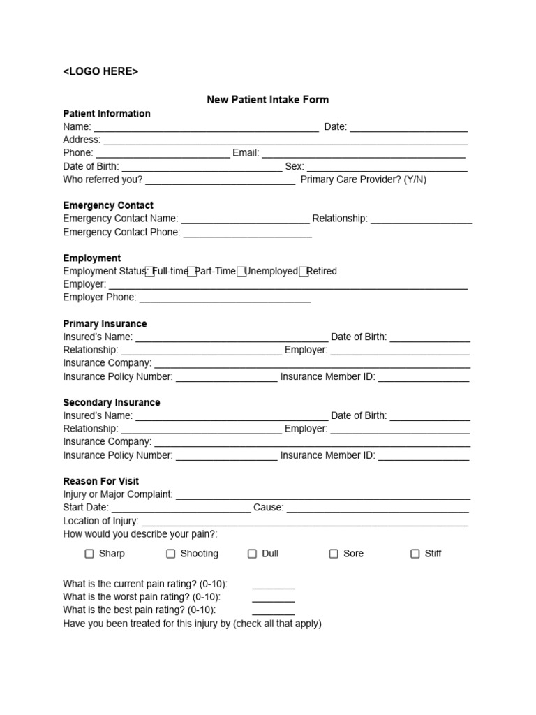 New Patient Intake Form | PDF | Heart | Pain