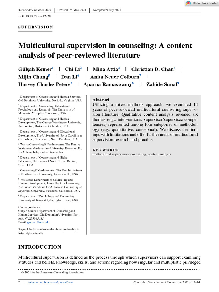 Couns Edu Supervision - 2021 - Kemer - Multicultural Supervision in Counseling A Content ...