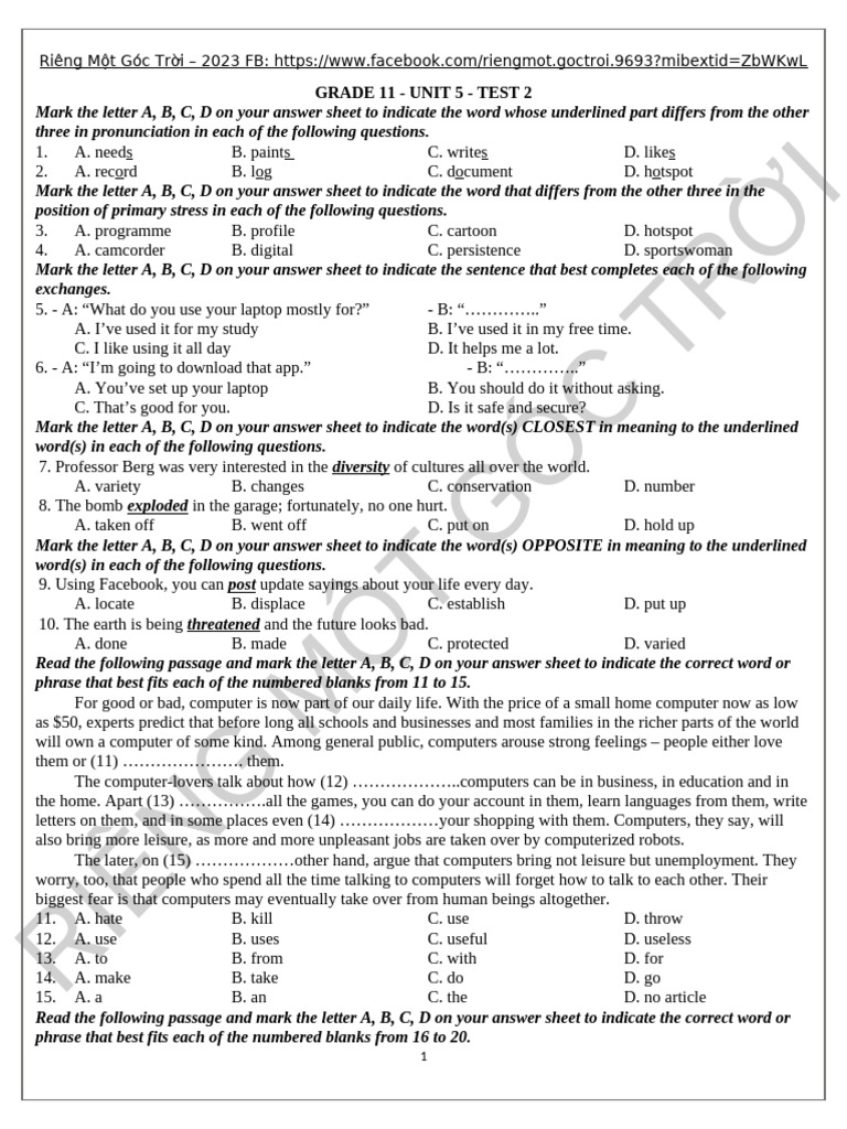 Đề kiểm tra Friends Global GRADE 11 - UNIT 5 | PDF | World Wide Web ...
