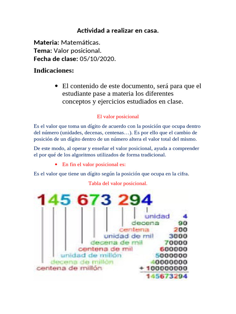 Actividad A Realizar en Casa Tema Valor Posicional de Un Numero | PDF ...