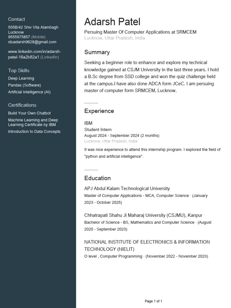 Adarsh Patel's Resume and Skills Overview | PDF