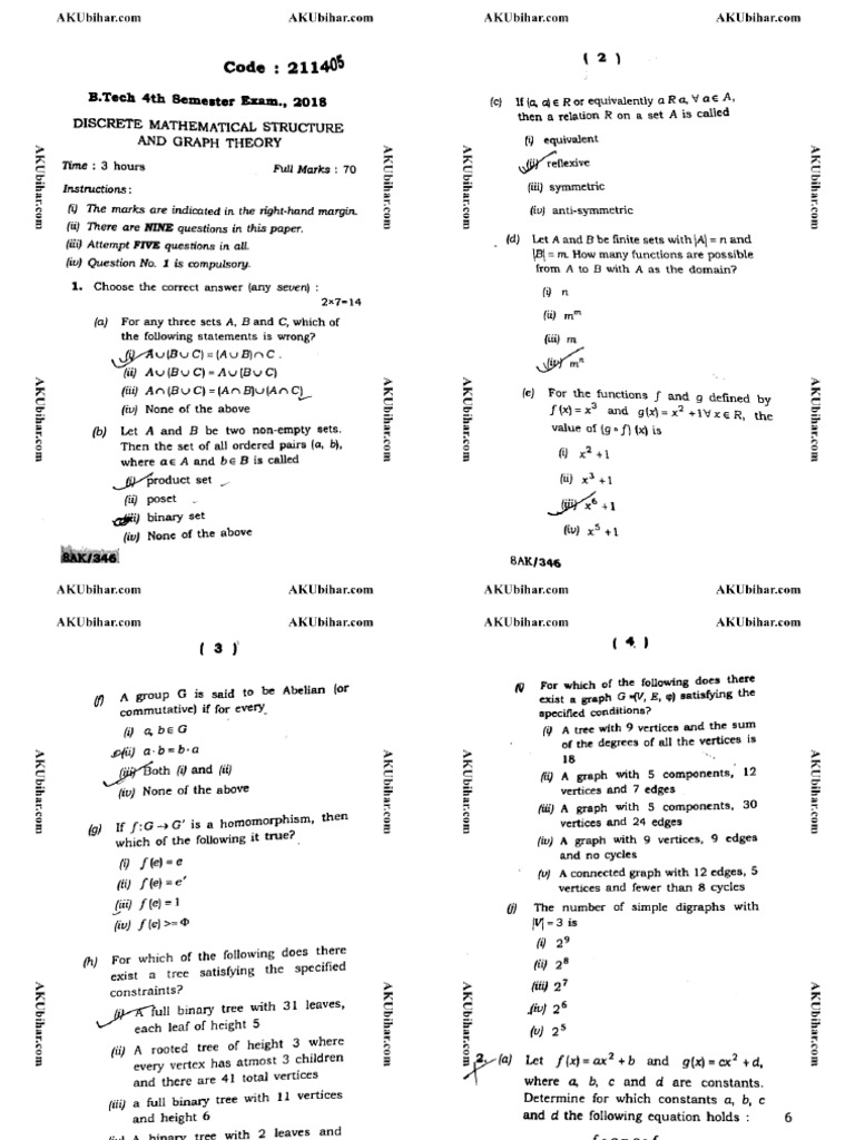 Btech Common 4 Sem Discrete Mathematical Structure and Graph Theory 211405 2018 | PDF