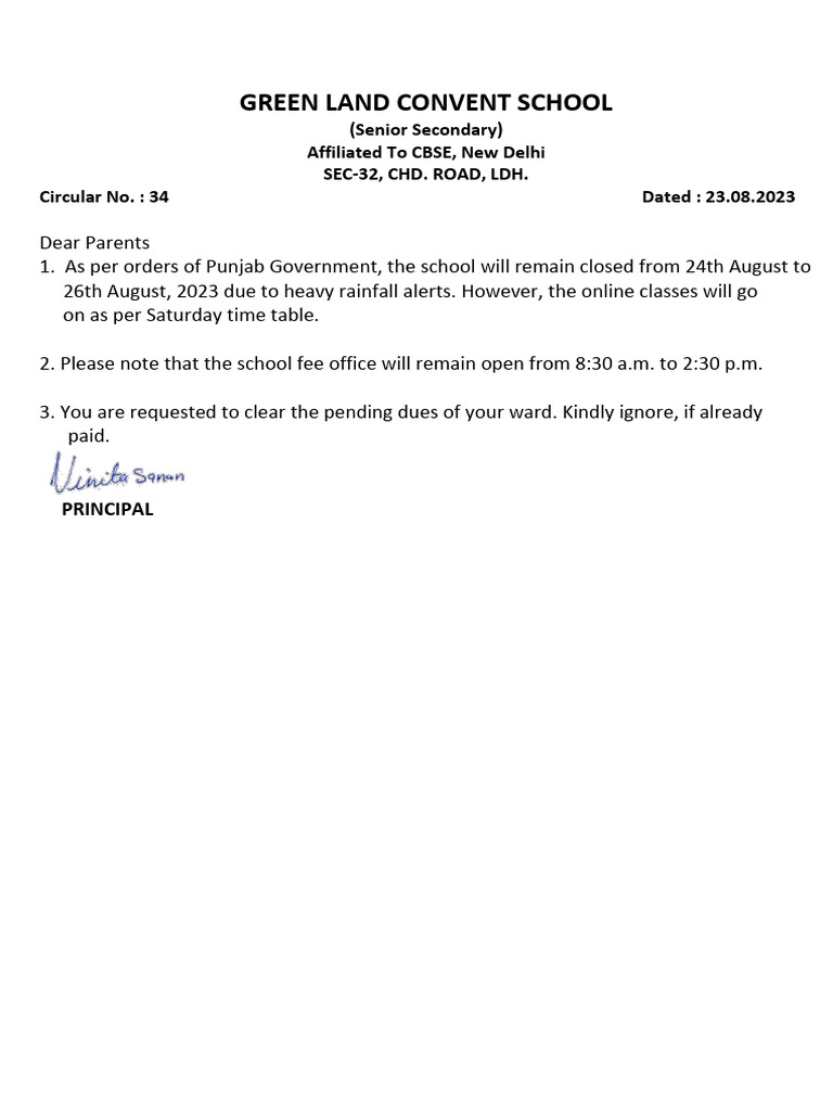 CIRCULAR NO.34 (Holidays 24th To 26th Aug, 2023) | PDF