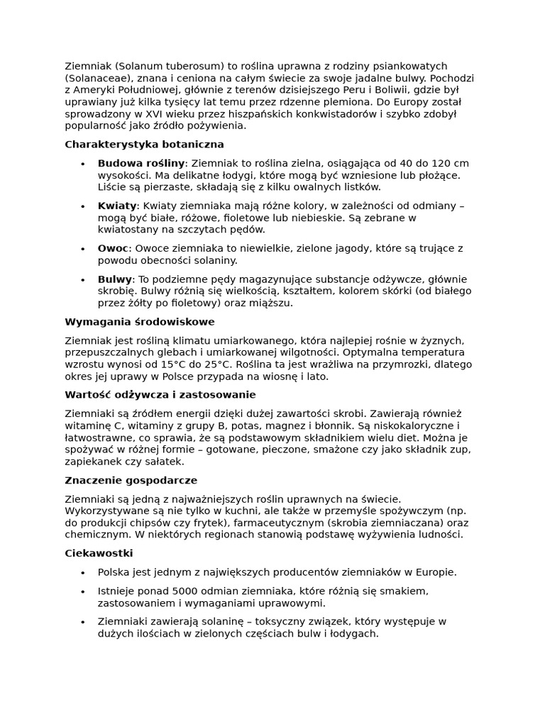 Ziemniak Charakterystyka | PDF