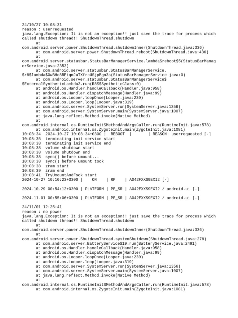 Android Shutdown and Reboot Logs | PDF | Java (Programming Language) | Computing Platforms
