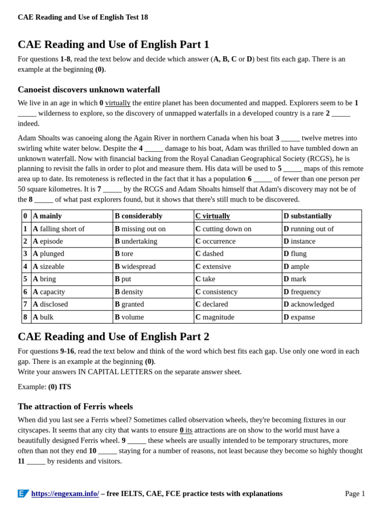 CAE Reading and Use of English Practice Test 18 Printable (2024 Edition ...