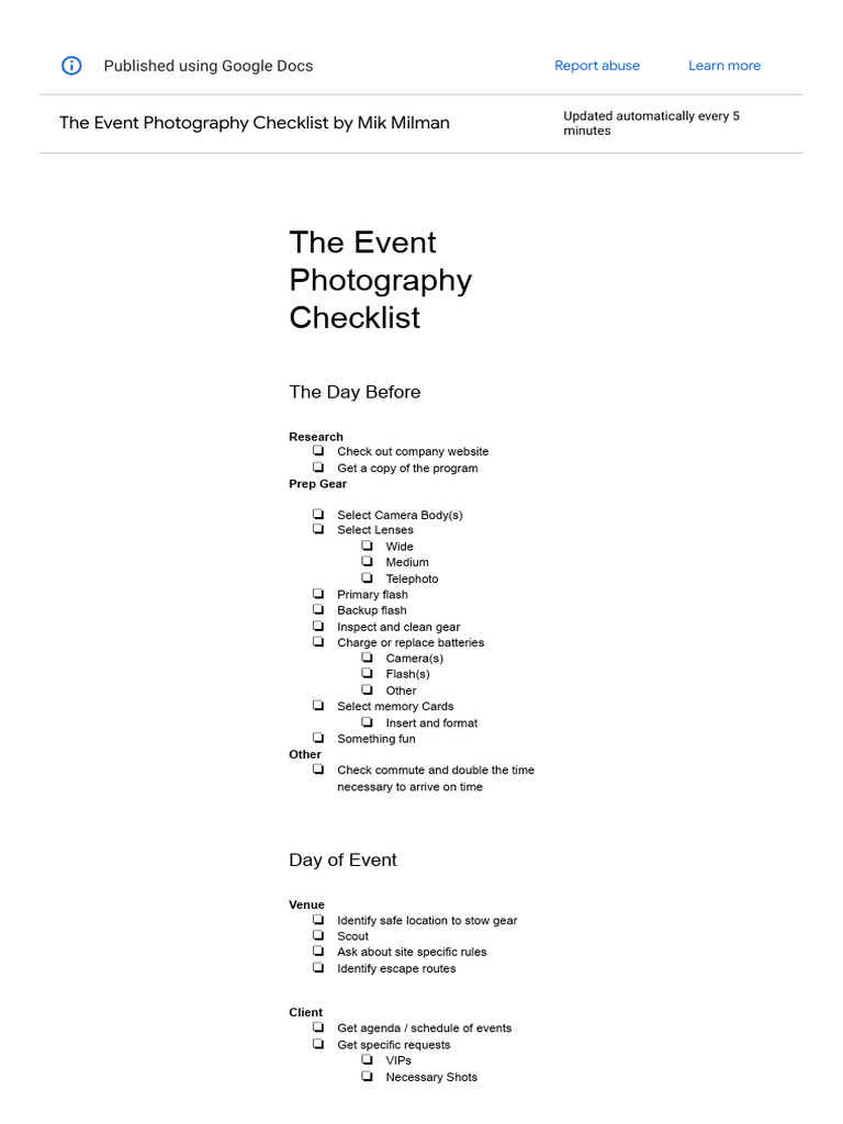 The Event Photography Checklist by Mik Milman | PDF | Photography ...