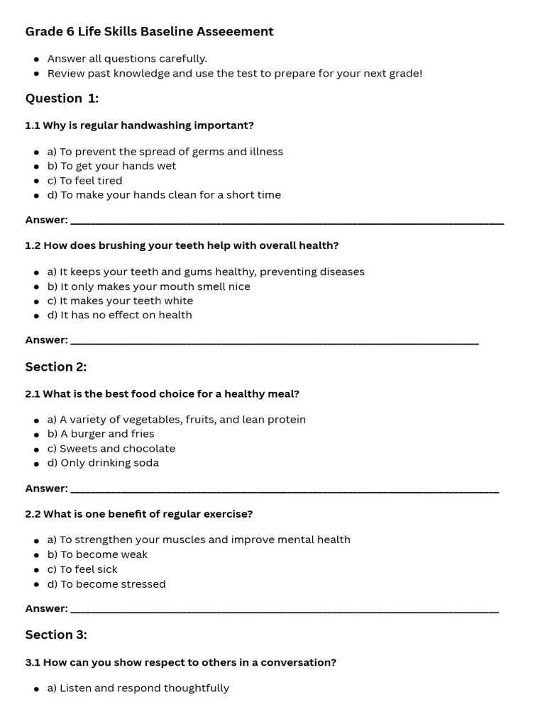 Grade 6 Life Skills Assessment Guide | PDF