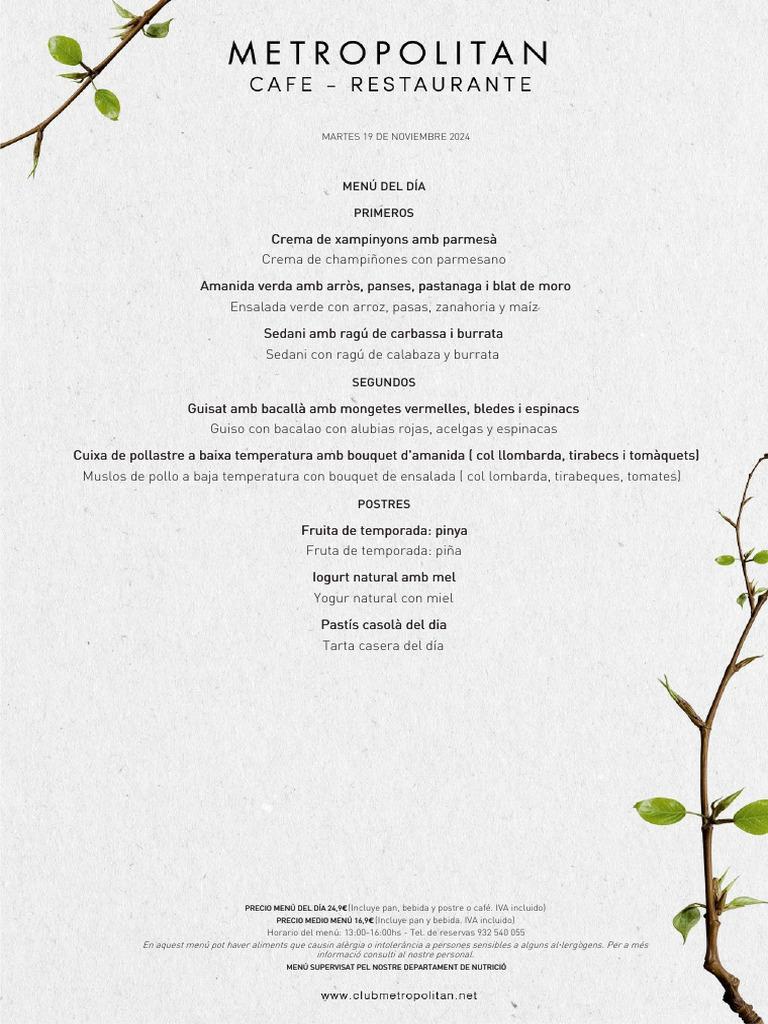 Menu Restaurante Metropolitan Iradier | PDF