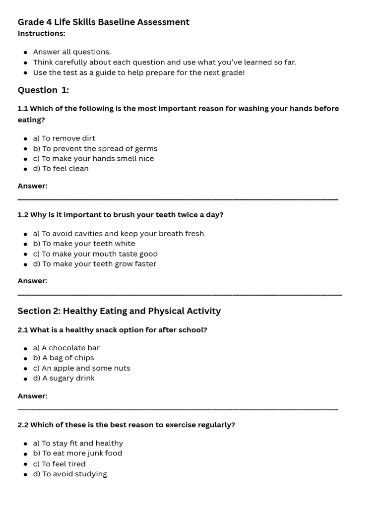 Grade 4 Life Skills Assessment Guide | PDF