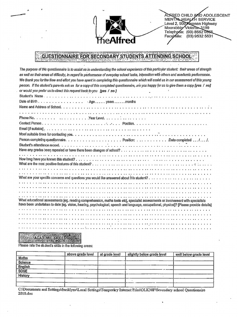 Adolescent Questionnaire | PDF