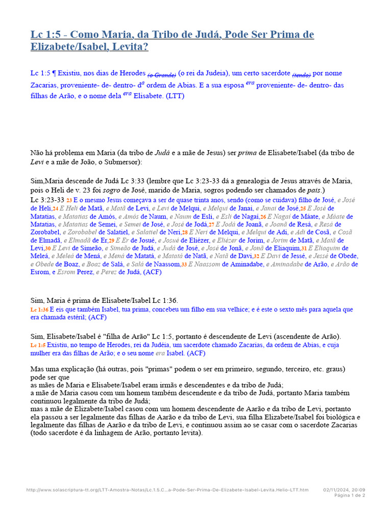 Lc 1-5 - Como Maria, da Tribo de Judá, Pode Ser Prima de Elizabete-Isabel, Levit | PDF | Aarão ...
