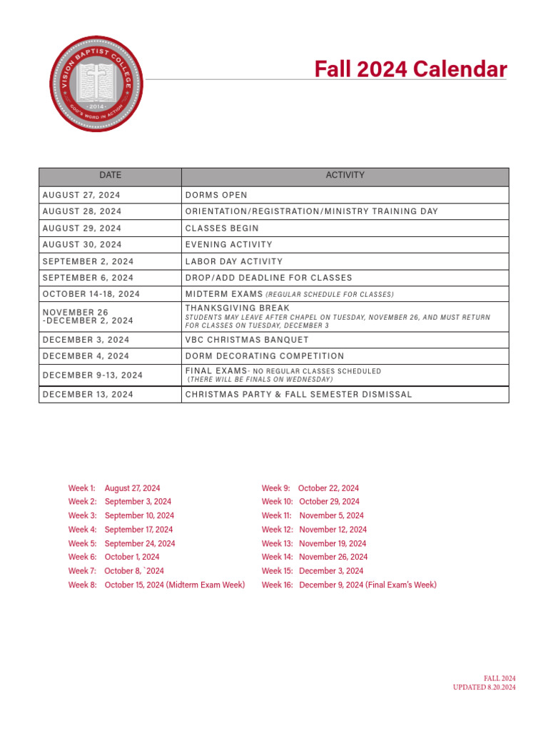VBC Fall Semester Calendar 2024 | PDF | Academia | Schools