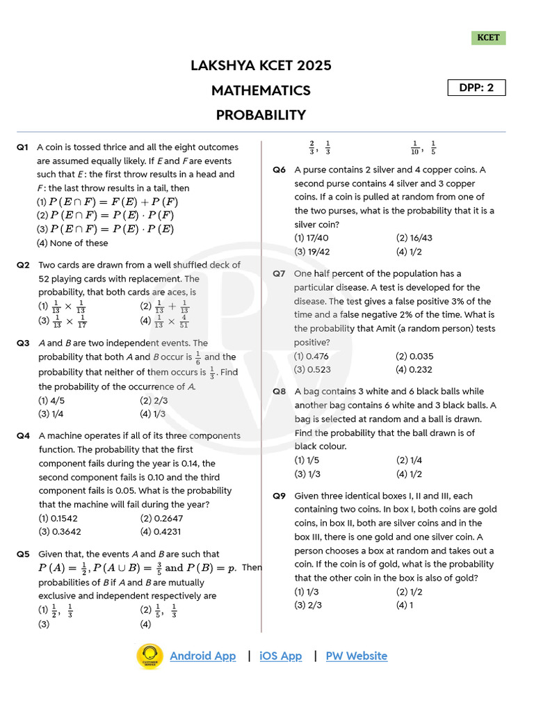 Probability - DPP 02 (Of Lec 03) - Lakshya KCET 2025 | PDF | Probability | Probability Theory