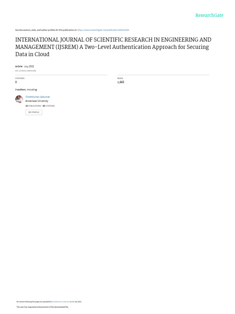 ATwo-LevelAuthenticationApproachforSecuringDatainCloud | PDF | Cloud Computing | Encryption