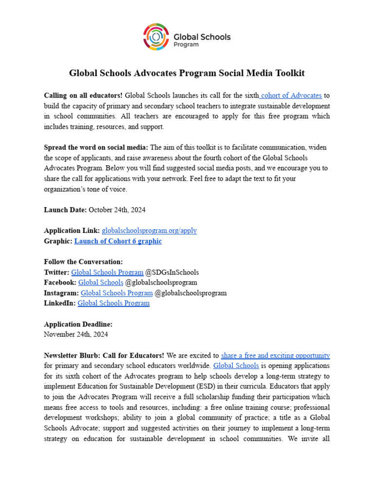 Global Schools Advocates Program Toolkit | PDF | Teachers | Social Media