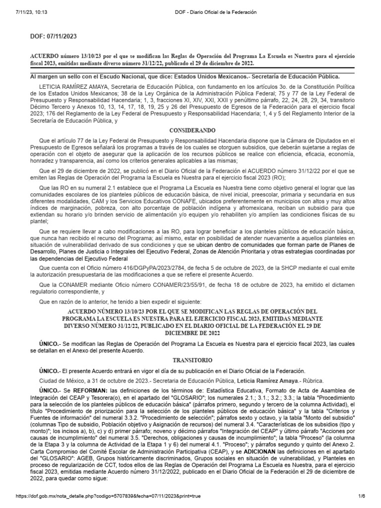 6RDtLnV53V-07112023 DOF ROP LEEN MODIFICACION | PDF | Presupuesto | Educación de la primera infancia