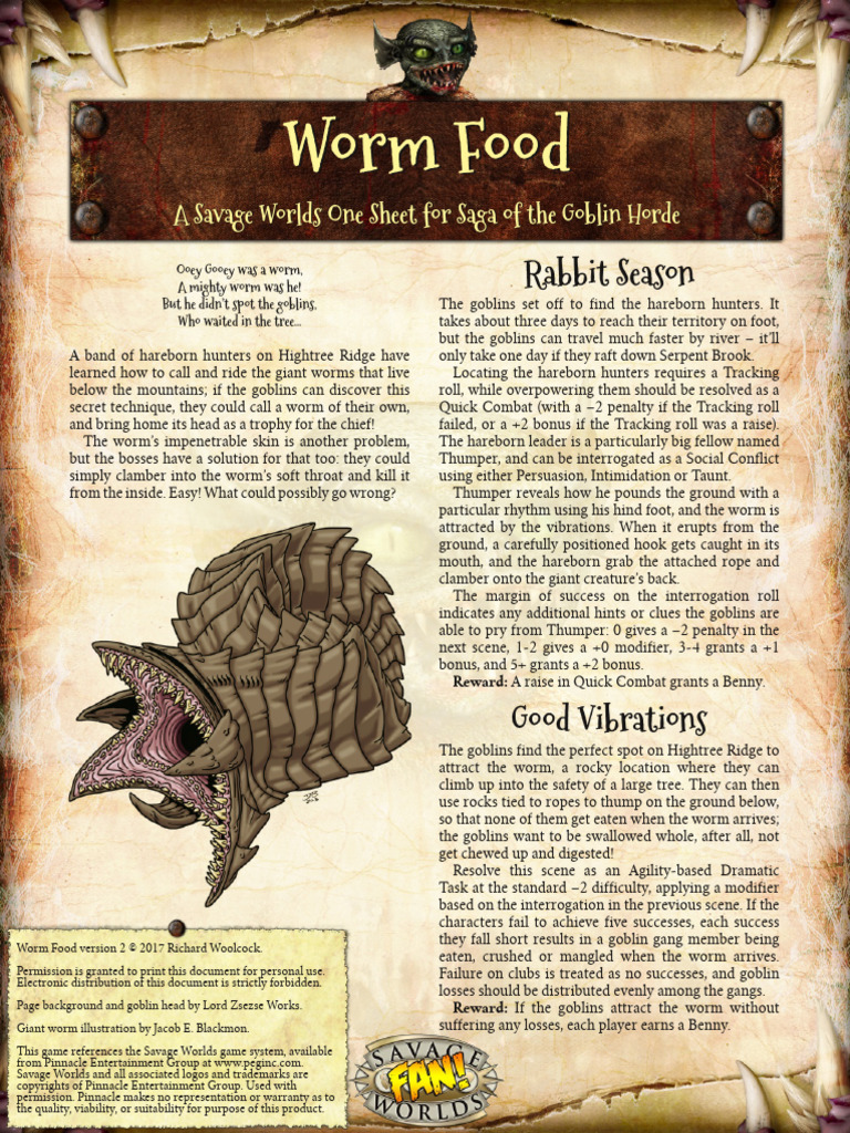 Savage Worlds - Saga of the Goblin Horde - One Sheet - Worm Food | PDF