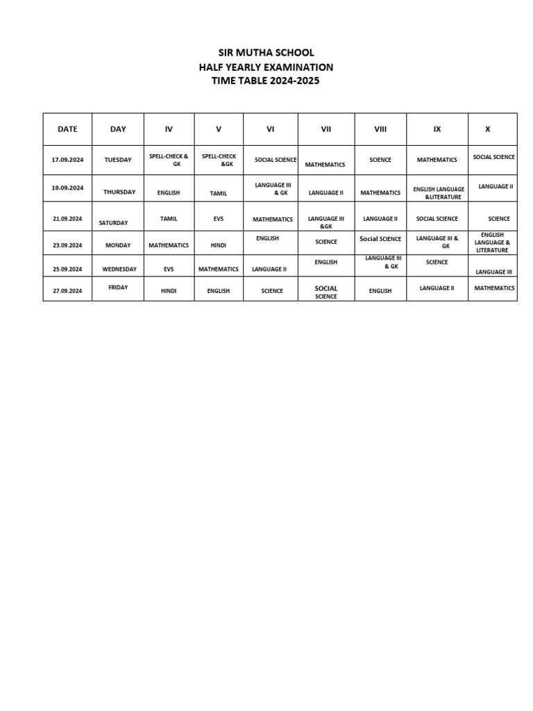 Half Yearly Examination 2024 Time Table Class 4 To 10 PDF