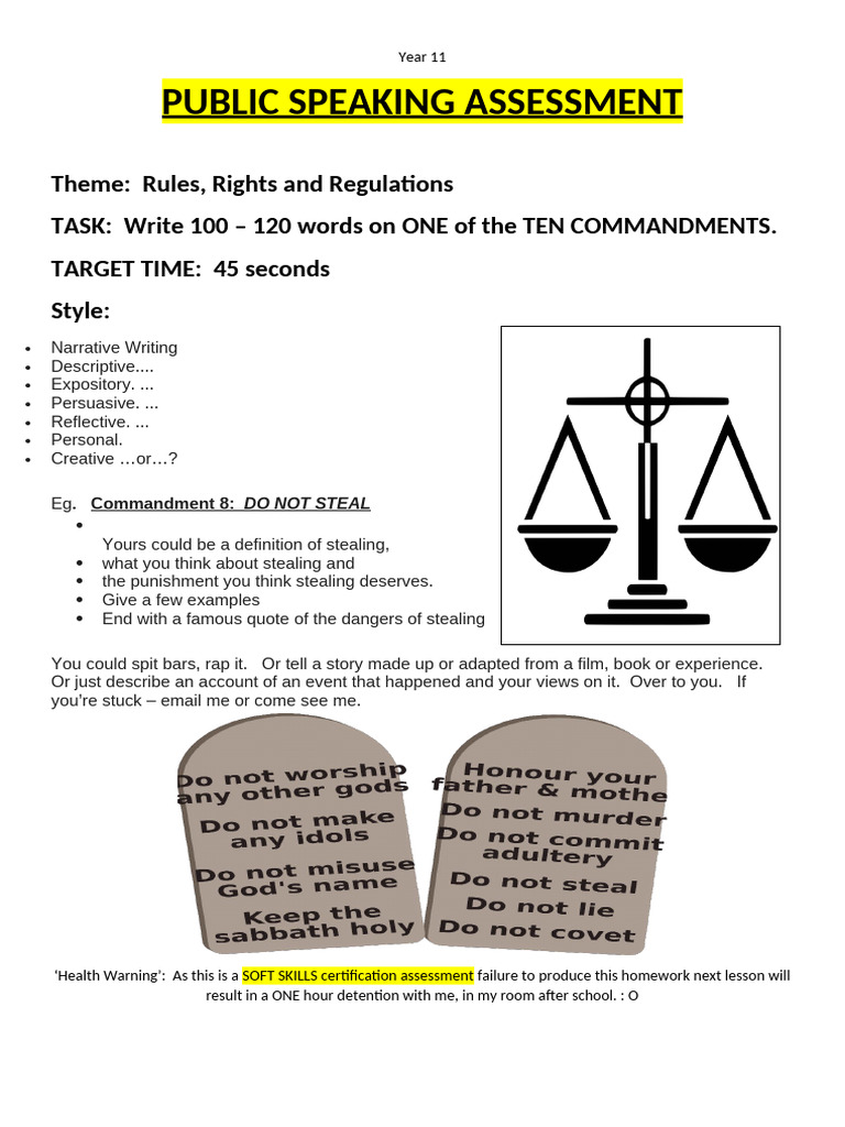 Year 11 Public Speaking Brief the 10 Commandments | PDF