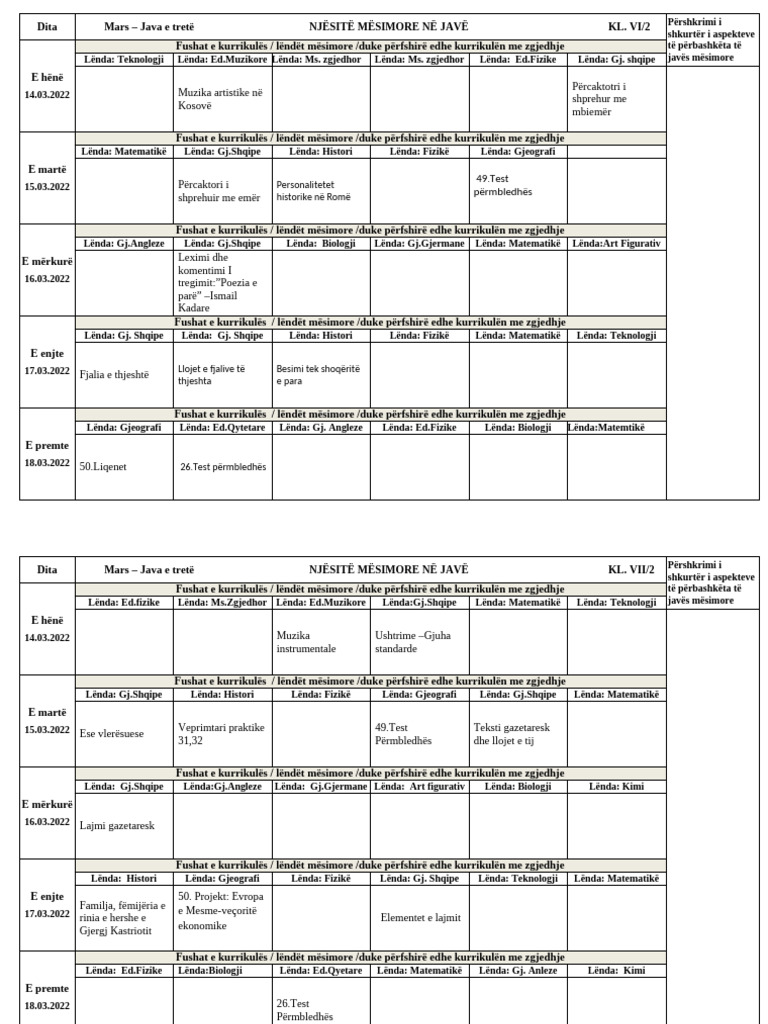 Plani Javor - Mars - Java e Trete-Kozaricë 2 | PDF