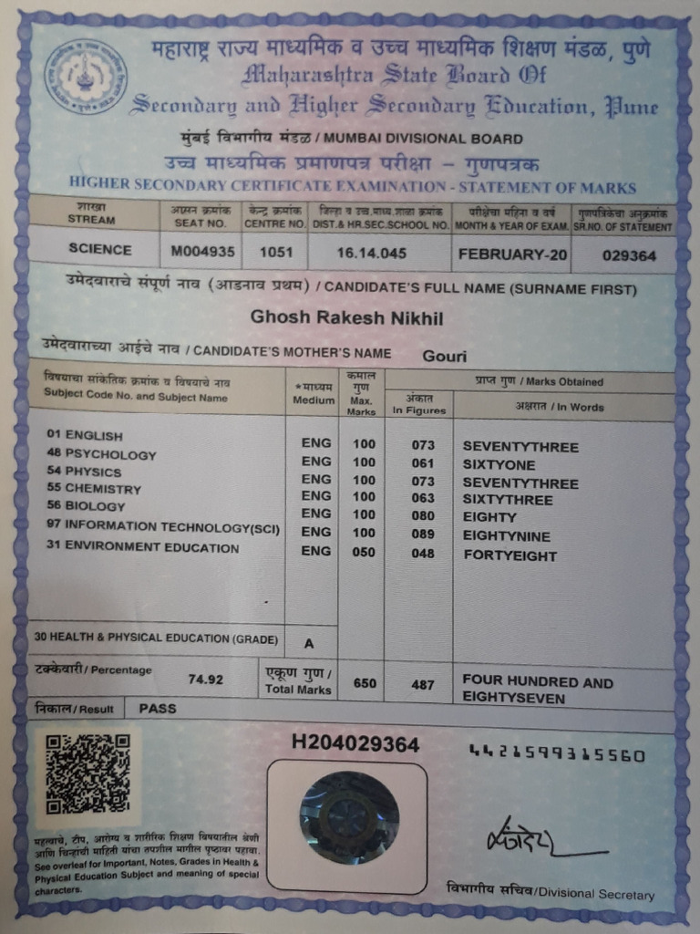 12th Marksheet | PDF