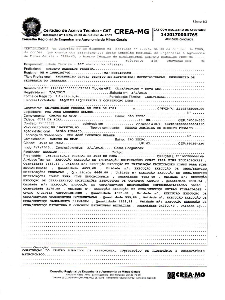Atestado Técnico e CAT Planetário UFJF Gustavo | PDF