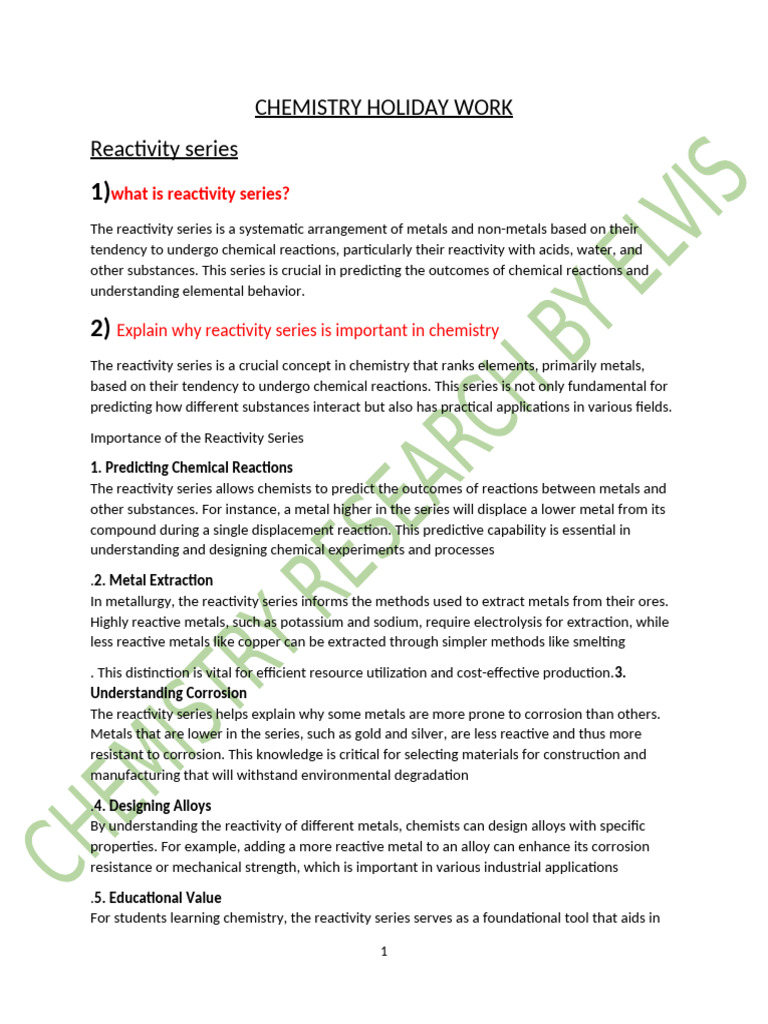 CHEMISTRY HOLIDAY WORK | PDF | Metals | Chemical Substances