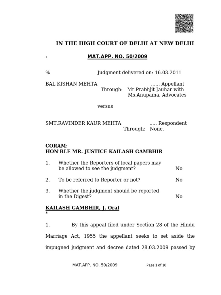 BAL KISHAN MEHTA | PDF | Divorce | Judgment (Law)