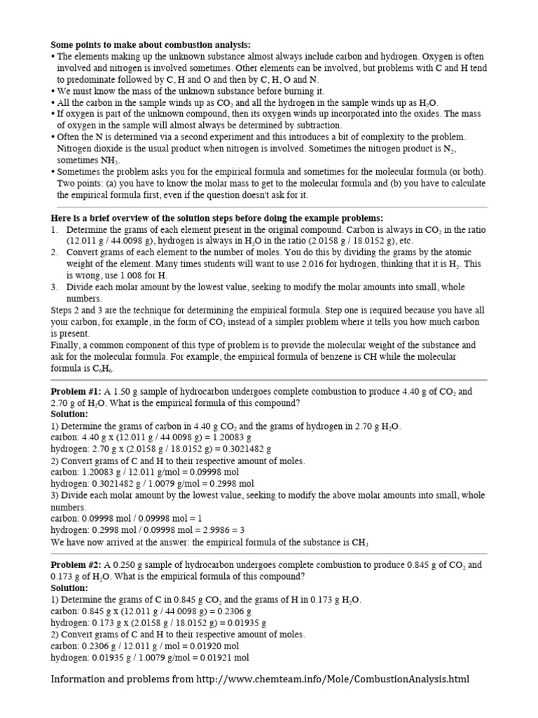 Combustion Analysis For Empirical Formula Notes | PDF | Mole (Unit) | Atoms