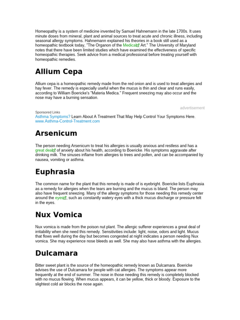 Homeapthy and Seasonal Allergies | PDF | Allergy | Homeopathy