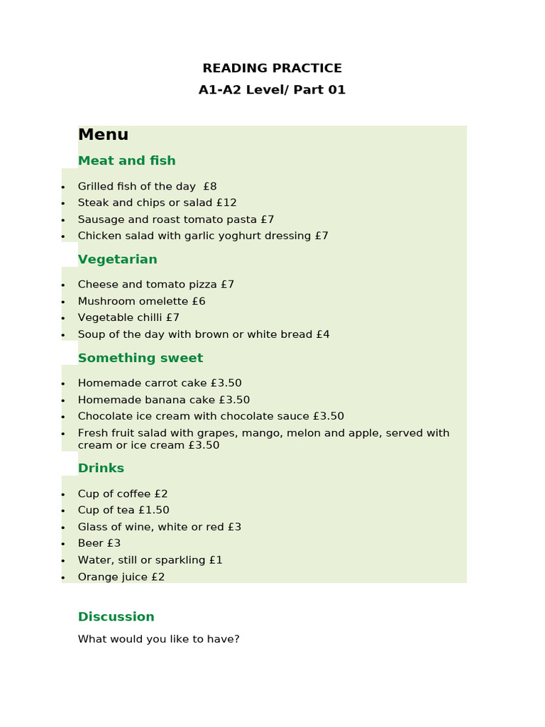 A1-A2 Menu Reading Practice | PDF