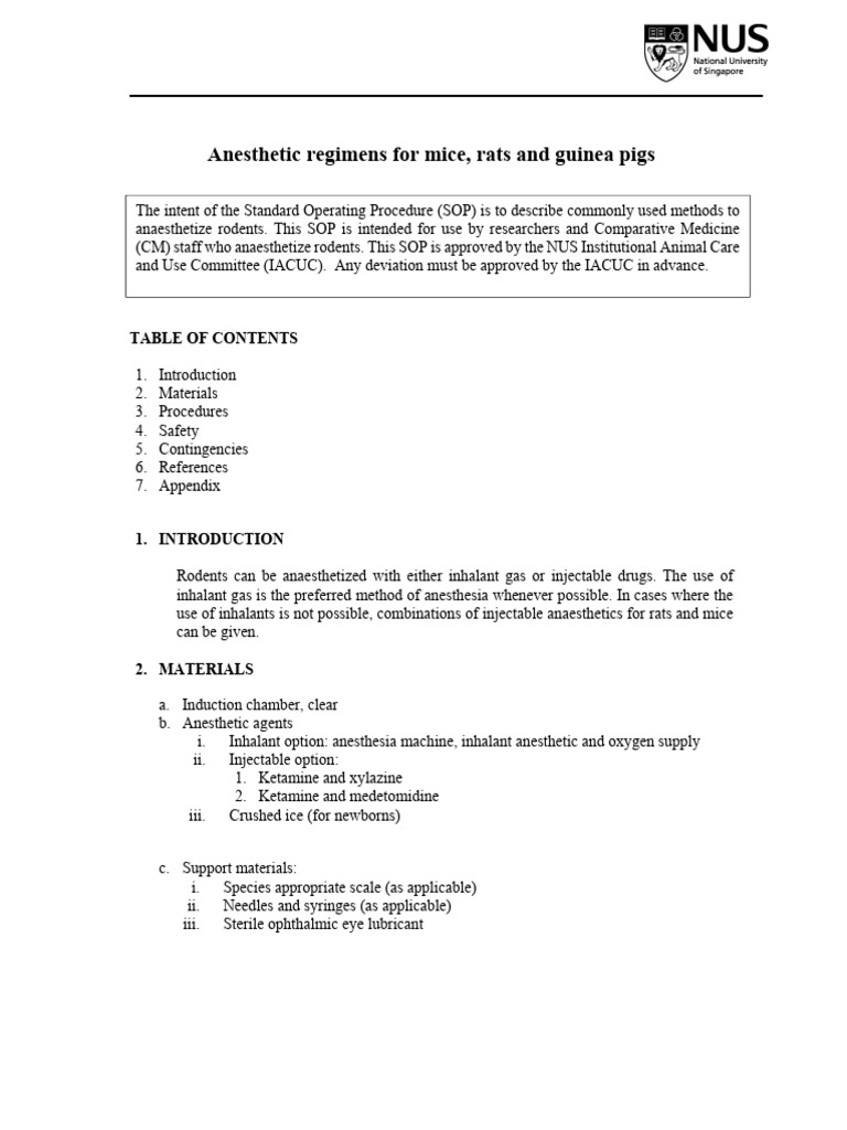 Anesthesia Protocols for Rodents | PDF | Anesthesia | Dose (Biochemistry)