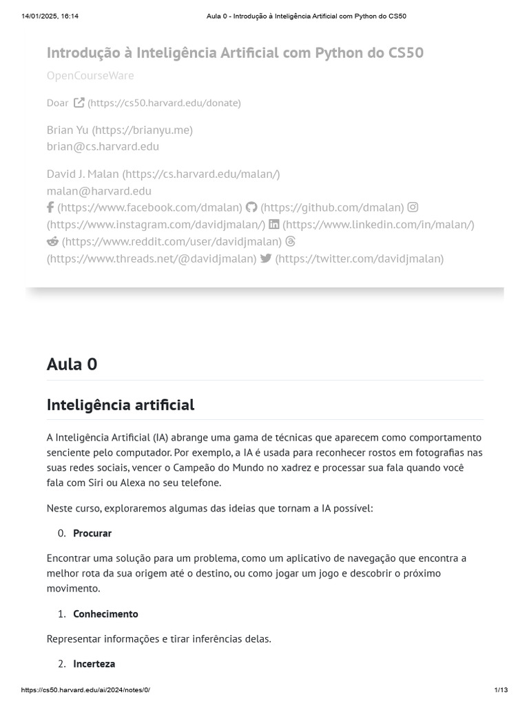 Aula 0 - Introdução À Inteligência Artificial Com Python Do CS50 | PDF ...