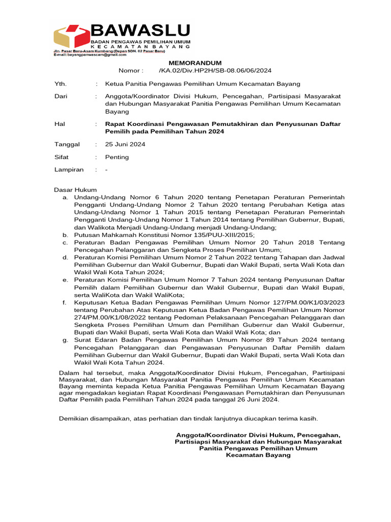 005 MEMORANDUM UNDANGAN PKD KE KECAMATAN 26 JUNI 2024 | PDF