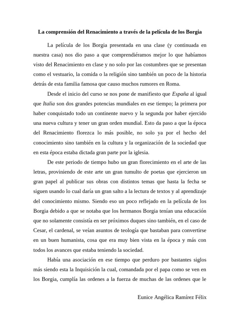 La Comprensión Del Renacimiento A Través de La Película de Los Borgia ...