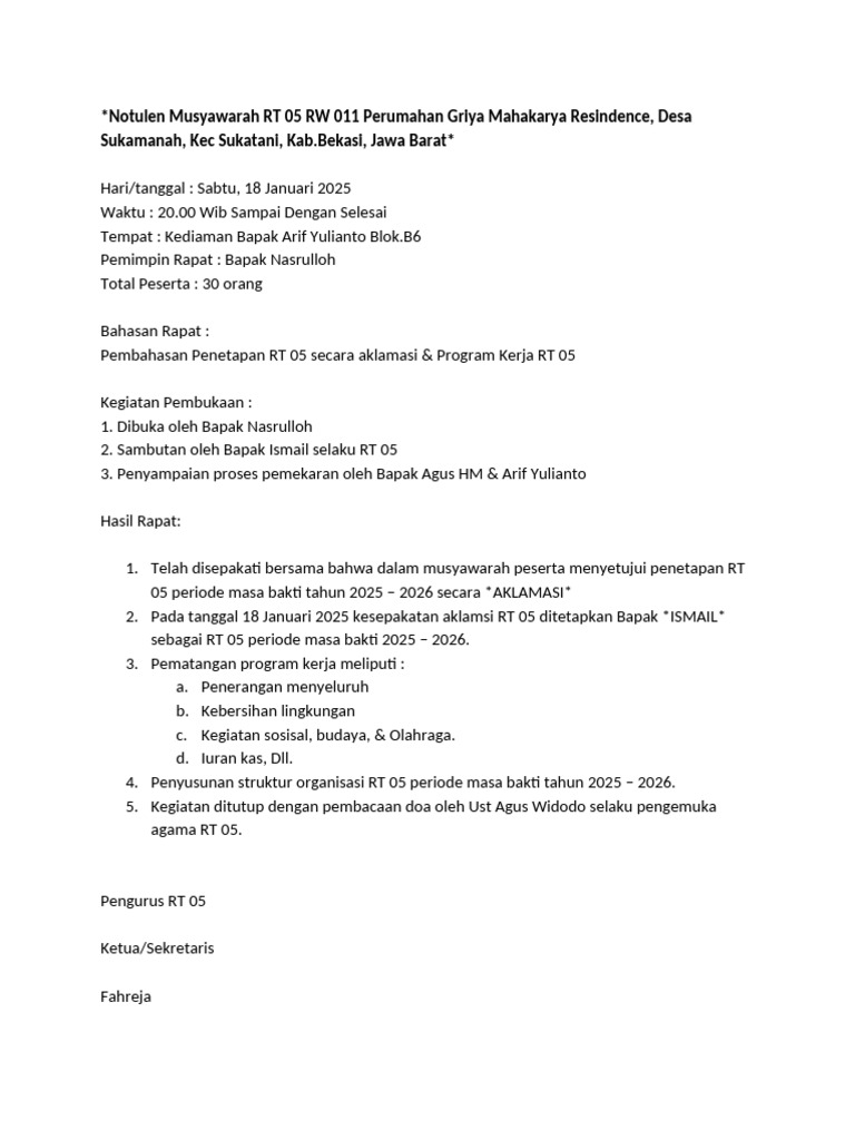 Notulen Musyawarah RT 05 Bekasi 2025 | PDF