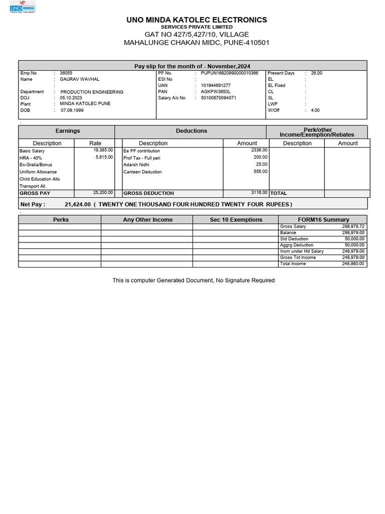 Employee Pay Slip - Nov 2024 | PDF | Taxes | Government Finances