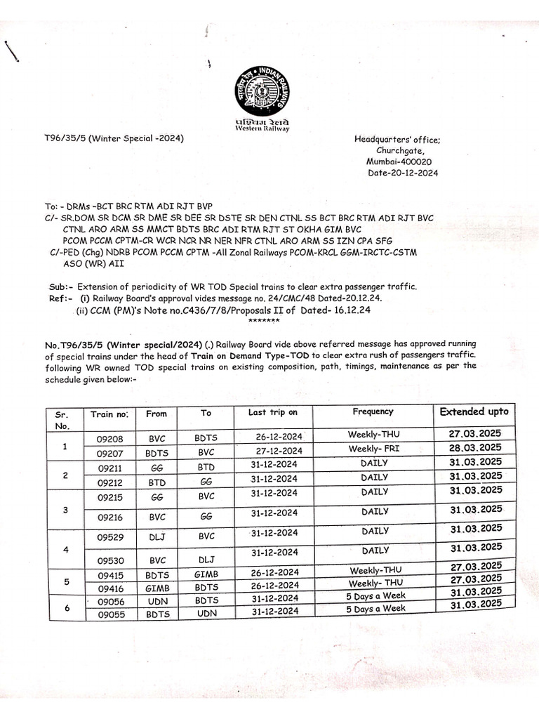 Final Extension of Periodicity of WR TOD Special Trains | PDF