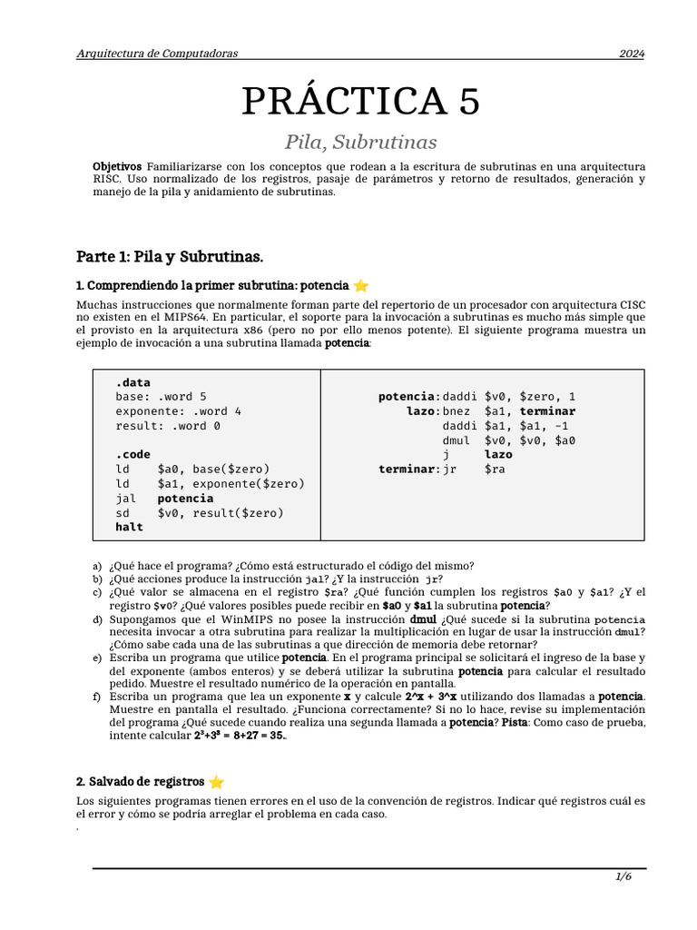 Practica 5 - Convención, pila y subrutinas | PDF | Programación de ...