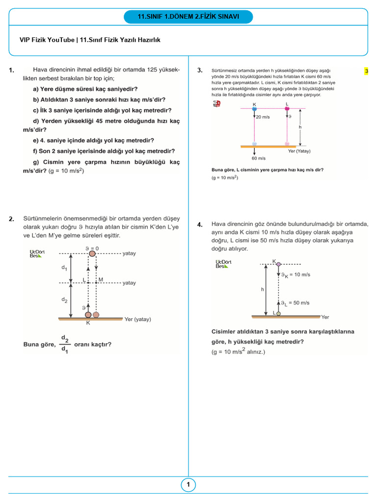 11.SINIF 1.DÖNEM 2.FİZİK SINAVI | PDF