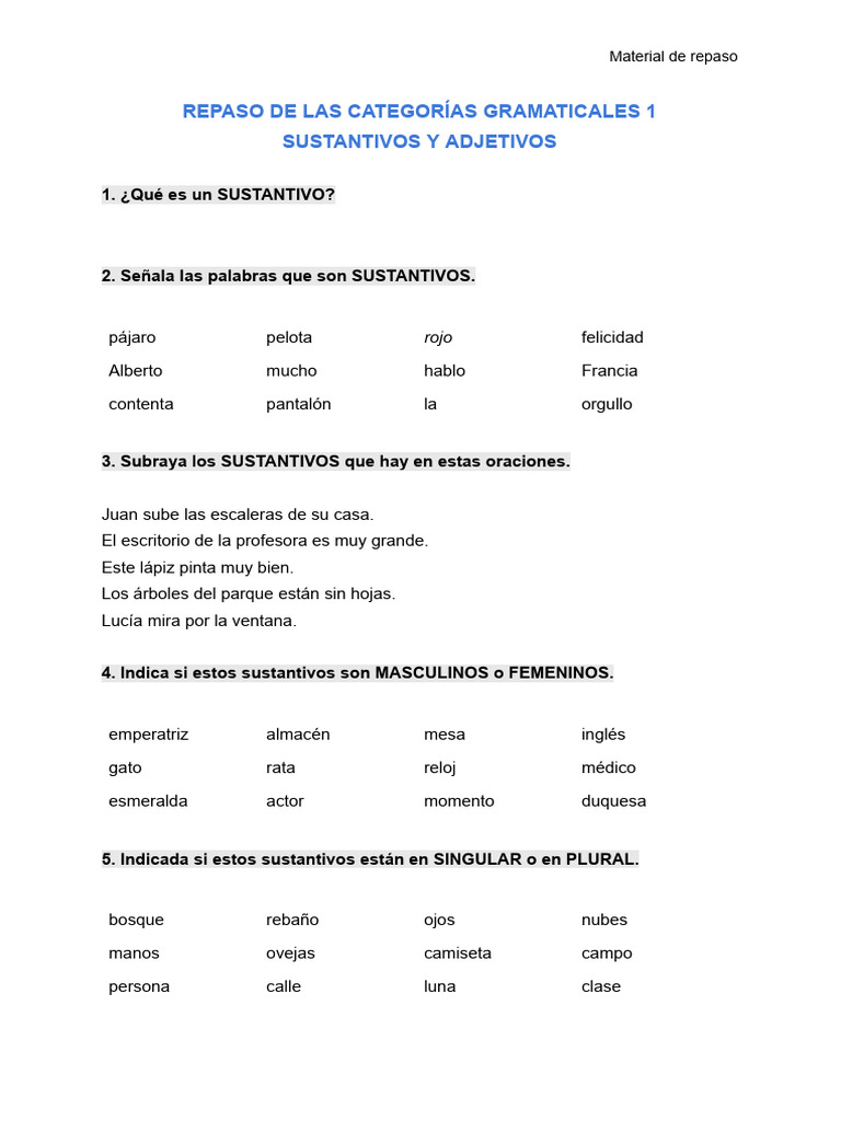Repaso Sustantivos y Adjetivos | PDF