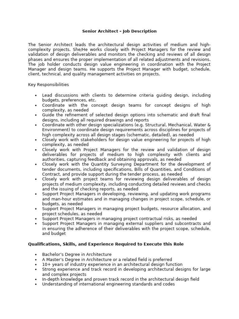 Senior Architect Job Description Overview | PDF | Architect | Design